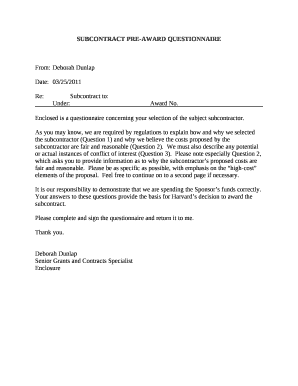 SUBCONTRACT PRE-AWARD QUESTIONNAIRE Doc Template | pdfFiller