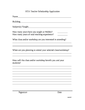 HTA Teacher Scholarship Application Doc Template | pdfFiller