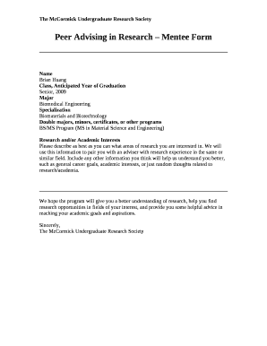 Peer Advising in Research Mentee Doc Template | pdfFiller