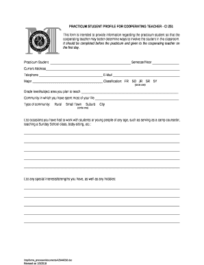 PRACTICUM STUDENT PROFILE FOR COOPERATING TEACHER - CI 251 Doc Template ...