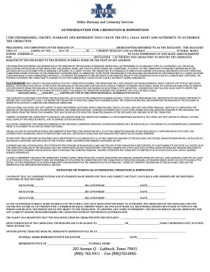AUTHORIZATION FOR CREMATION & DISPOSITION Doc Template | pdfFiller