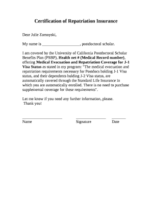 Certification of Repatriation Insurance Doc Template | pdfFiller