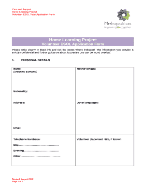 Volunteer ESOL Application Doc Template | pdfFiller