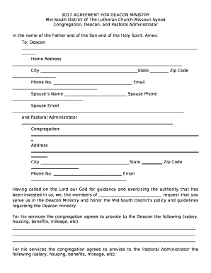 2017 AGREEMENT FOR DEACON MINISTRY Doc Template | pdfFiller