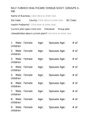 SELF FUNDED HEALTHCARE CENSUS SHEET (GROUPS 5-49) Doc Template | pdfFiller
