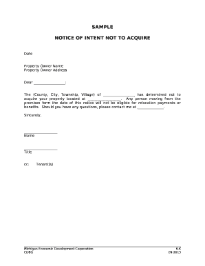 NOTICE OF INTENT NOT TO ACQUIRE Doc Template | pdfFiller