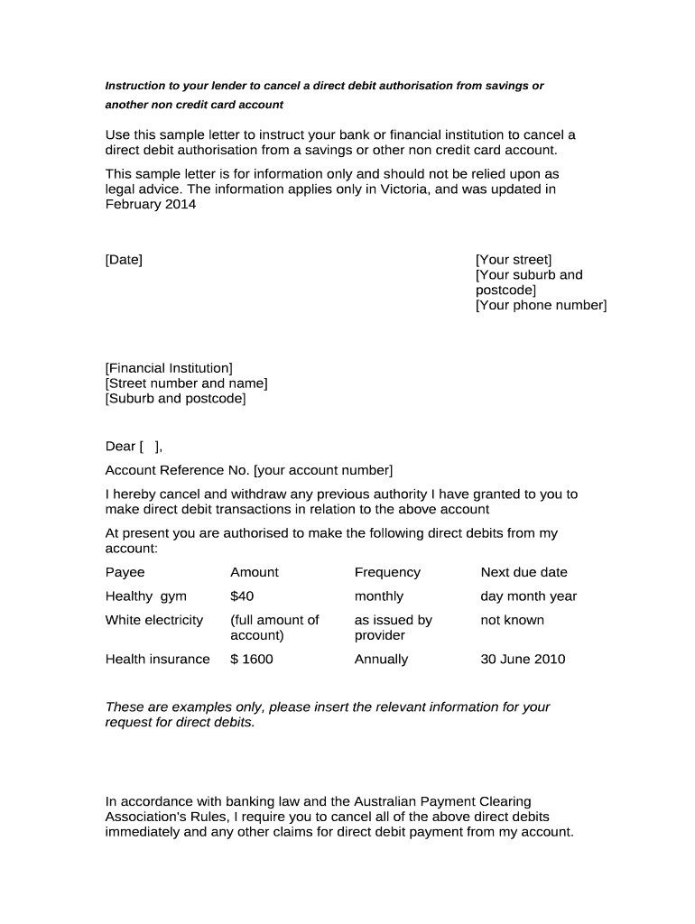 Instruction to your lender to cancel a direct debit authorisation from ...