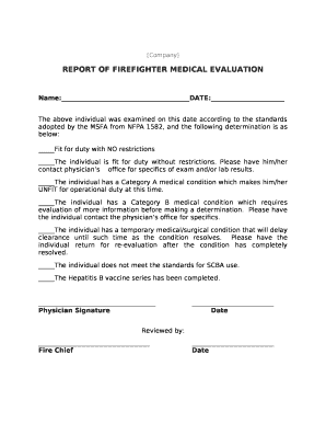 REPORT OF FIREFIGHTER MEDICAL EVALUATION template Doc Template | pdfFiller