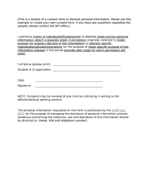 This is a sample of a consent to disclose personal ination Doc Template | pdfFiller