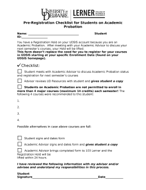 Pre-Registration Checklist for Students on Academic Probation Doc Template | pdfFiller