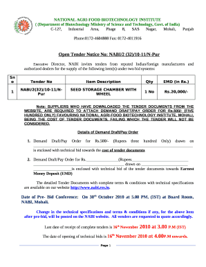 Open Tender Notice No: NABI/2 (32)/10-11/N-Pur Doc Template | pdfFiller