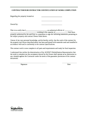 CONTRACTOR/SUBCONTRACTOR CERTIFICATION OF WORK COMPLETION Doc Template ...