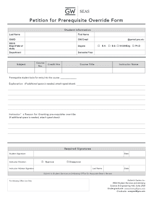 Fillable Online graduate seas gwu Petition for Prerequisite Override ...