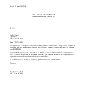 Fillable Online SAMPLE FINAL AWARD LETTER Fax Email Print - pdfFiller