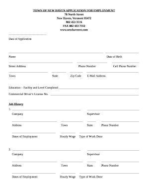 TOWN OF NEW HAVEN APPLICATION FOR EMPLOYMENT Doc Template | pdfFiller