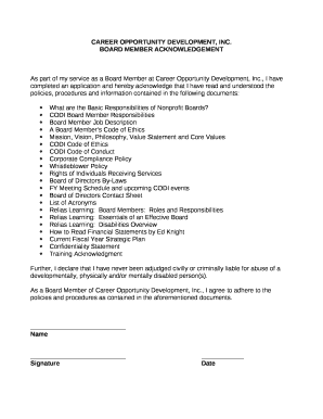 BOARD MEMBER ACKNOWLEDGEMENT Doc Template | pdfFiller