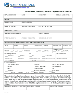 Odometer, Delivery and Acceptance Certificate Doc Template | pdfFiller
