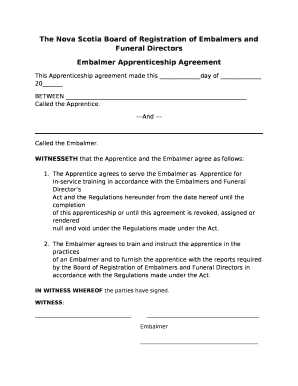 Embalmer Apprenticeship Agreement Doc Template | pdfFiller