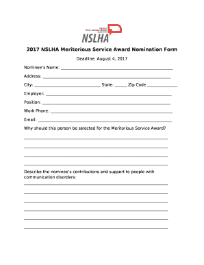 2017 NSLHA Meritorious Service Award Nomination Doc Template | pdfFiller