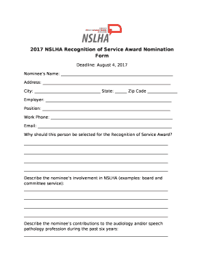 2017 NSLHA Recognition of Service Award Nomination Doc Template | pdfFiller