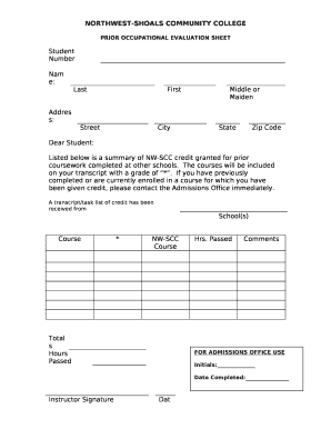 PRIOR OCCUPATIONAL EVALUATION SHEET - intranet nwscc Doc Template ...