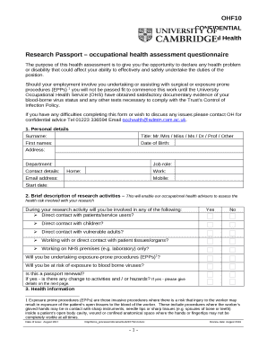 Research Passport occupational health assessment questionnaire Doc ...
