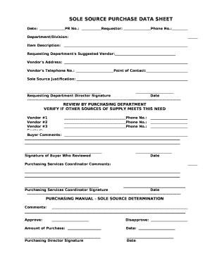 SOLE SOURCE PURCHASE DATA SHEET Doc Template | pdfFiller