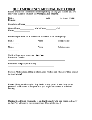 OLT EMERGENCY MEDICAL INFO Doc Template | pdfFiller
