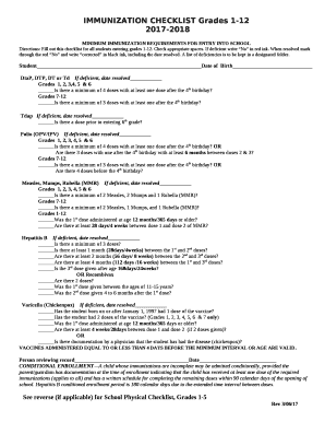 IMMUNIZATION CHECKLIST Grades 1-12 Doc Template | pdfFiller