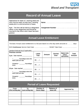 Record of Annual Leave - peoplefirst nhsbt nhs Doc Template | pdfFiller