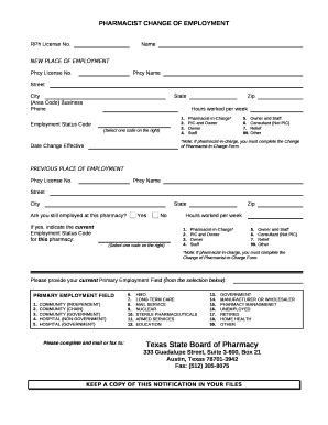 PHARMACIST CHANGE OF EMPLOYMENT Doc Template | pdfFiller