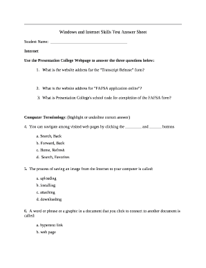 Windows and Internet Skills Test Answer Sheet Doc Template | pdfFiller