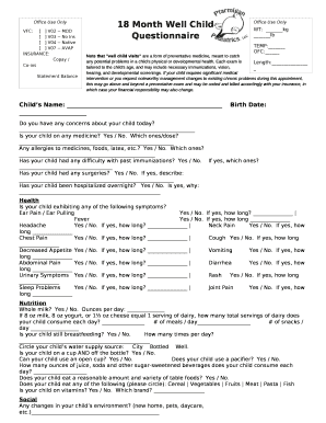 18 Month Well Child Questionnaire Doc Template | pdfFiller