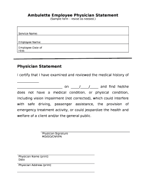 ambulette employee physician statement Doc Template | pdfFiller