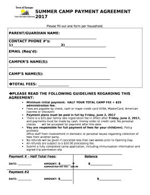 SUMMER CAMP PAYMENT AGREEMENT 2017 Doc Template | pdfFiller