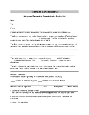 PRIOR NOTICE/PARENT CONSENT TO EVALUATE UNDER SECTION 504 Doc Template ...