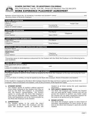 WORK EXPERIENCE PLACEMENT AGREEMENT Doc Template | pdfFiller