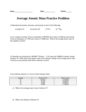 Average Atomic Mass Practice Problem Doc Template | pdfFiller