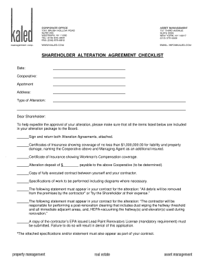 Fillable Online SHAREHOLDER ALTERATION AGREEMENT CHECKLIST Fax Email Print - pdfFiller