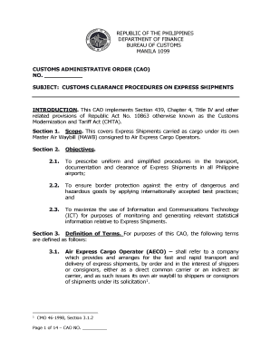 Fillable Online SUBJECT: CUSTOMS CLEARANCE PROCEDURES ON EXPRESS ...