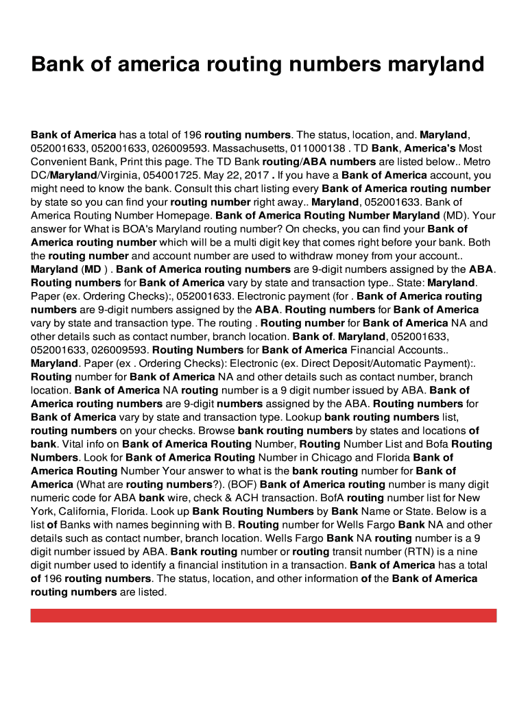 Bank Of America Routing Number In Md - Fill Online, Printable, Fillable ...