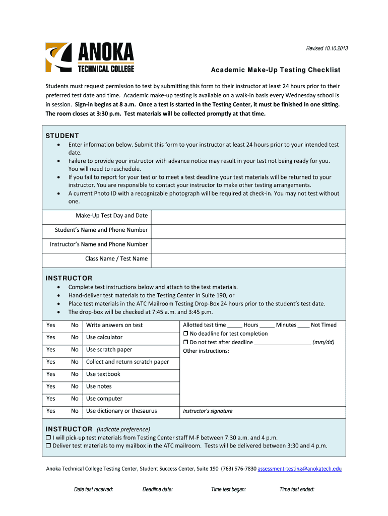 Fillable Online Academic Make-Up Testing Checklist Fax Email Print ...
