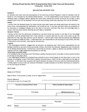 Fillable Online Donkey Breed Society 2016 Championship Show Class Fees ...