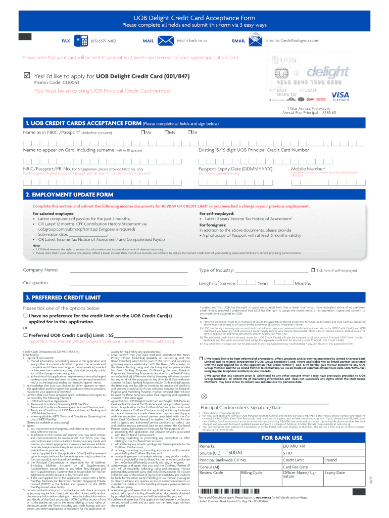 Fillable Online UOB Delight Credit Card Acceptance Form Fax Email Print ...