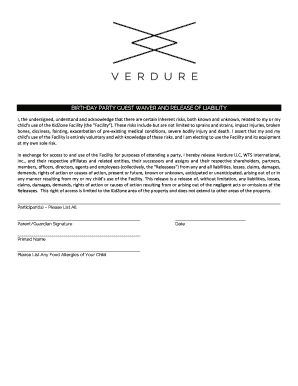 Fillable Online BIRTHDAY PARTY GUEST WAIVER AND RELEASE OF LIABILITY ...