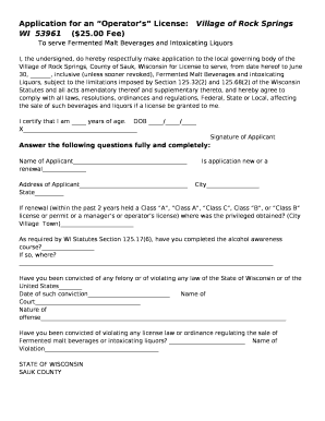 Application for an Operators License:Village of Rock Springs WI53961 ...