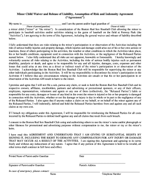Fillable Online Minor Child Waiver and Release of Liability, Assumption ...