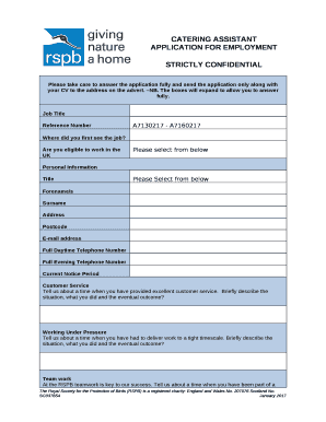 CATERING ASSISTANT APPLICATION FOR EMPLOYMENT Doc Template | pdfFiller