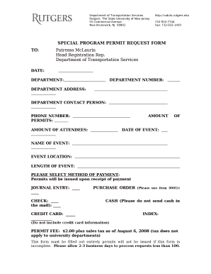 SPECIAL PROGRAM PERMIT REQUEST - rudots rutgers Doc Template | pdfFiller