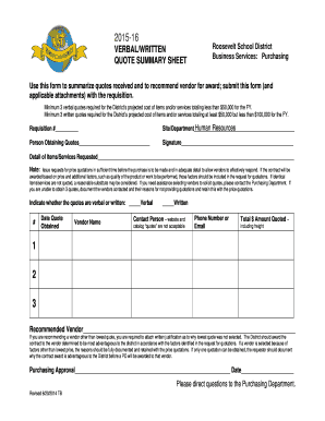 Fillable Online verbal/written quote summary sheet - Roosevelt School ...